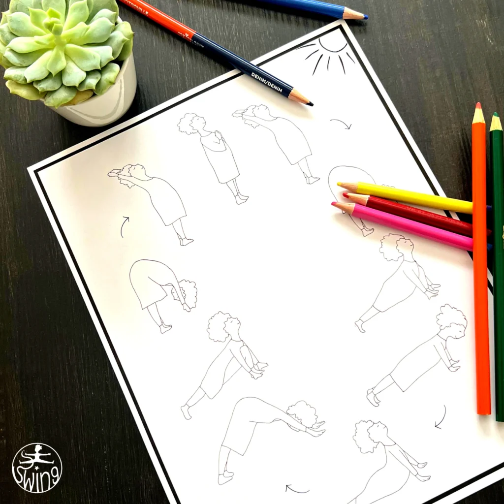 Sun Salutation Coloring Sheet (PDF format) | Swing Yoga Cards