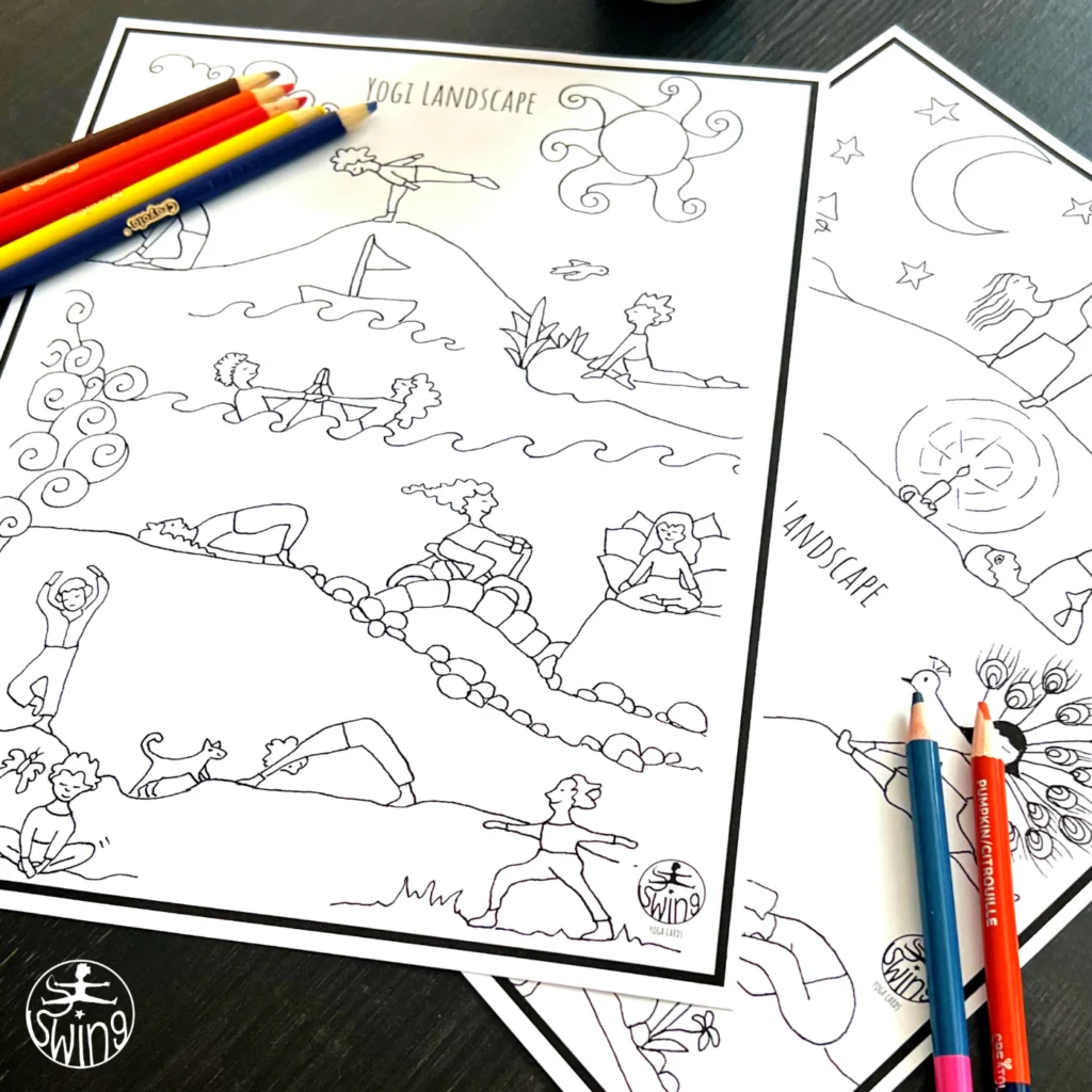 2 Yogi Landscape Coloring Sheets (PDF format) | Swing Yoga Cards
